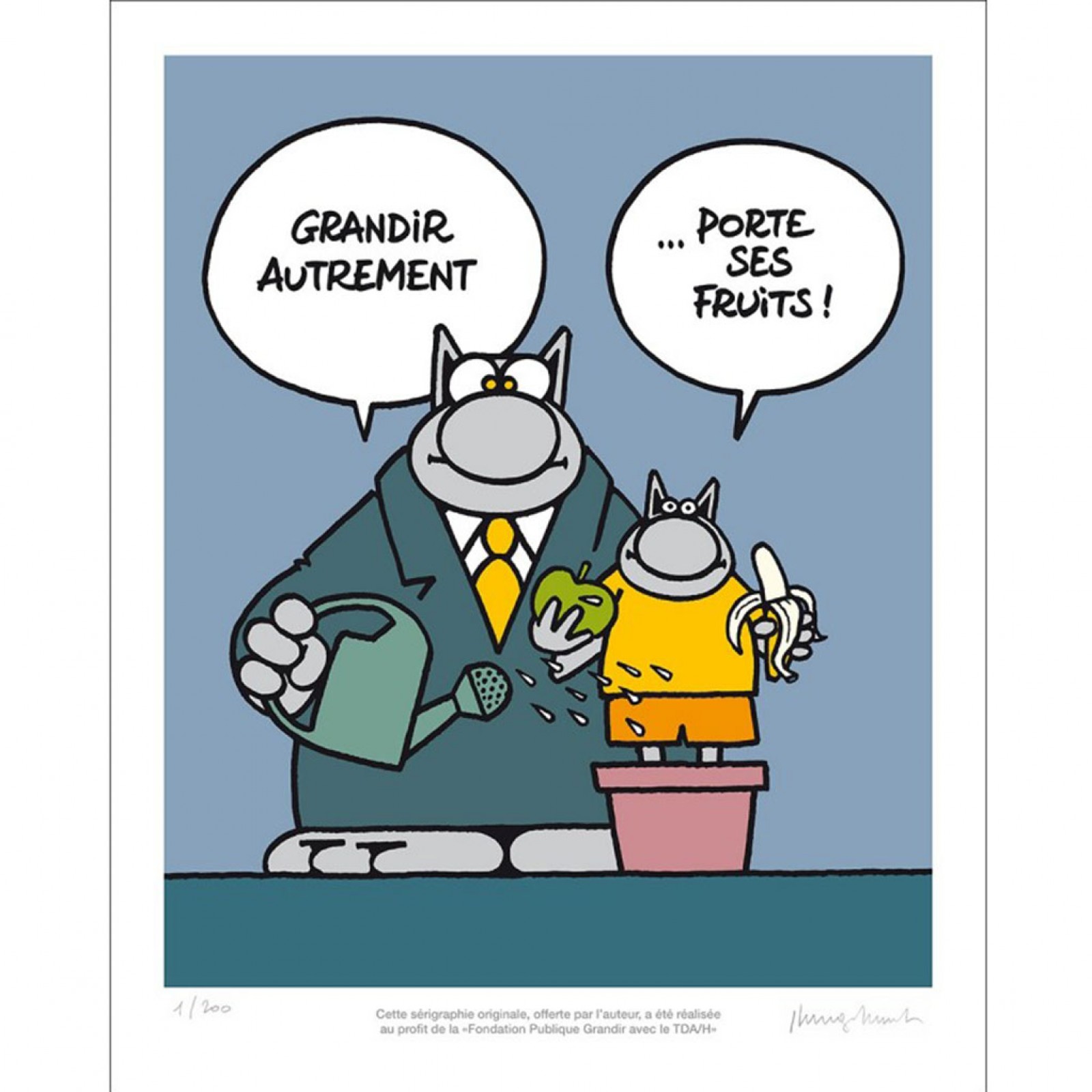 Silk screen print Le Chat de Geluck, growing differently - Silkscreen print